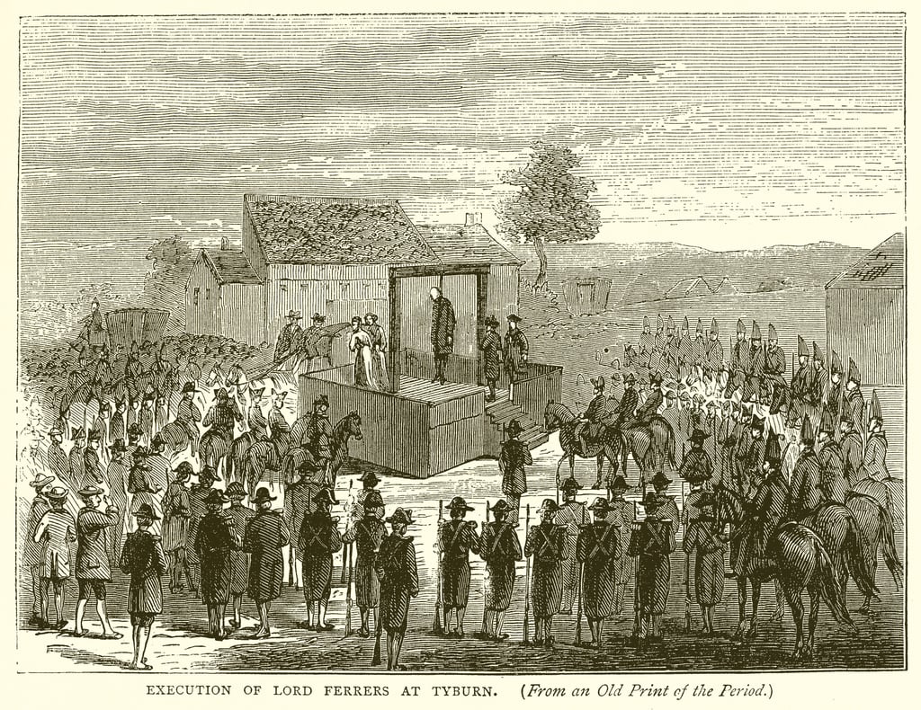 Hinrichtung von Lord Ferrers in Tyburn von English School