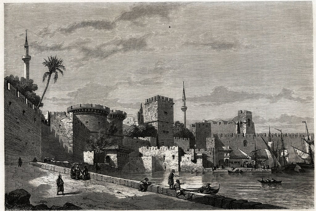 Der Blick auf den Hafen von Rhodos und das Tor von Aubusson, Zeichnung ...