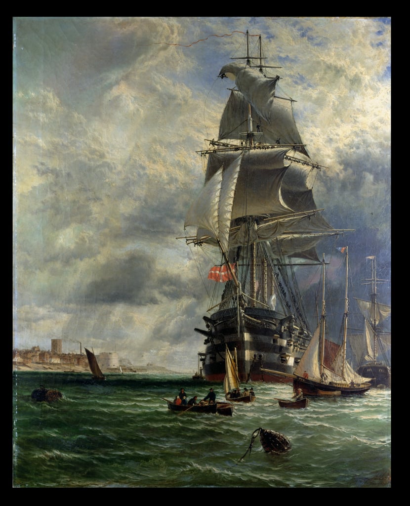 HMS St. Vincent an ihren Moorings vor dem Eingang zum Haslar Creek ...