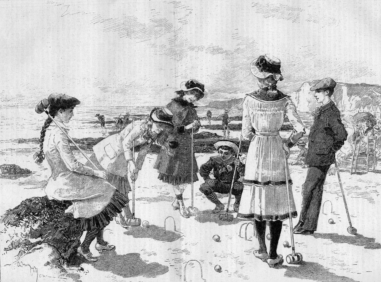 Kinder spielen Krocket am Strand. Gravur von Adrien Marie in „Le Monde ...