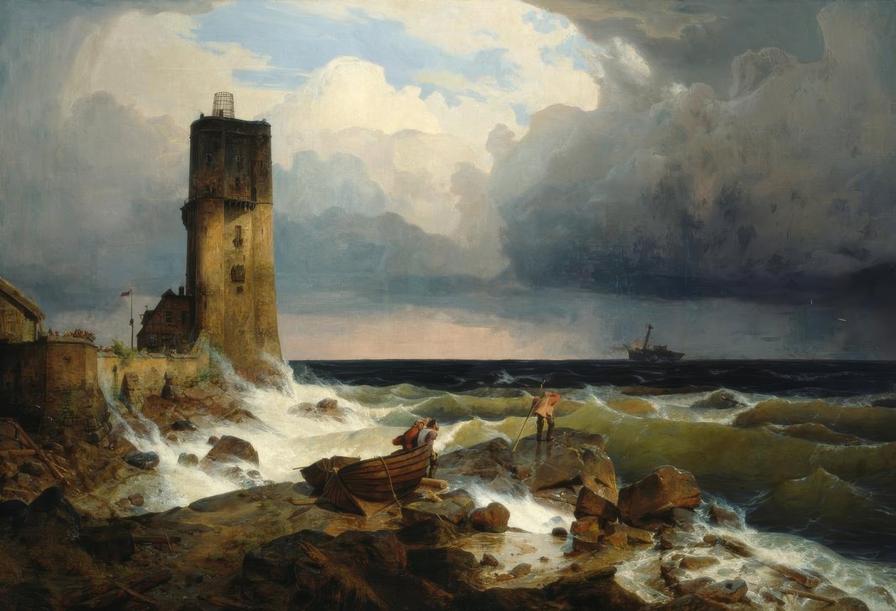 Große Marine mit Leuchtturm von Andreas Achenbach