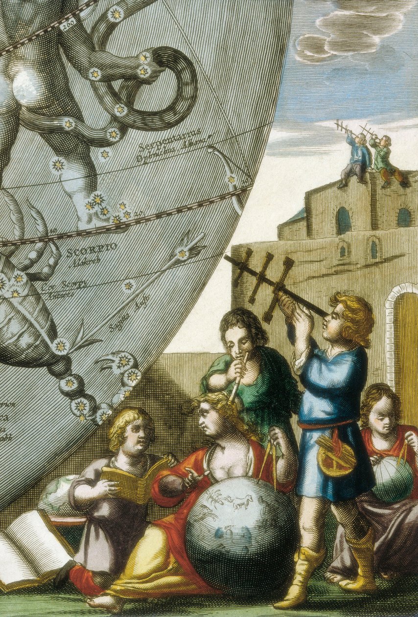 Wissenschaftler (Astrologen und Astronomen) studieren Globen und die ...