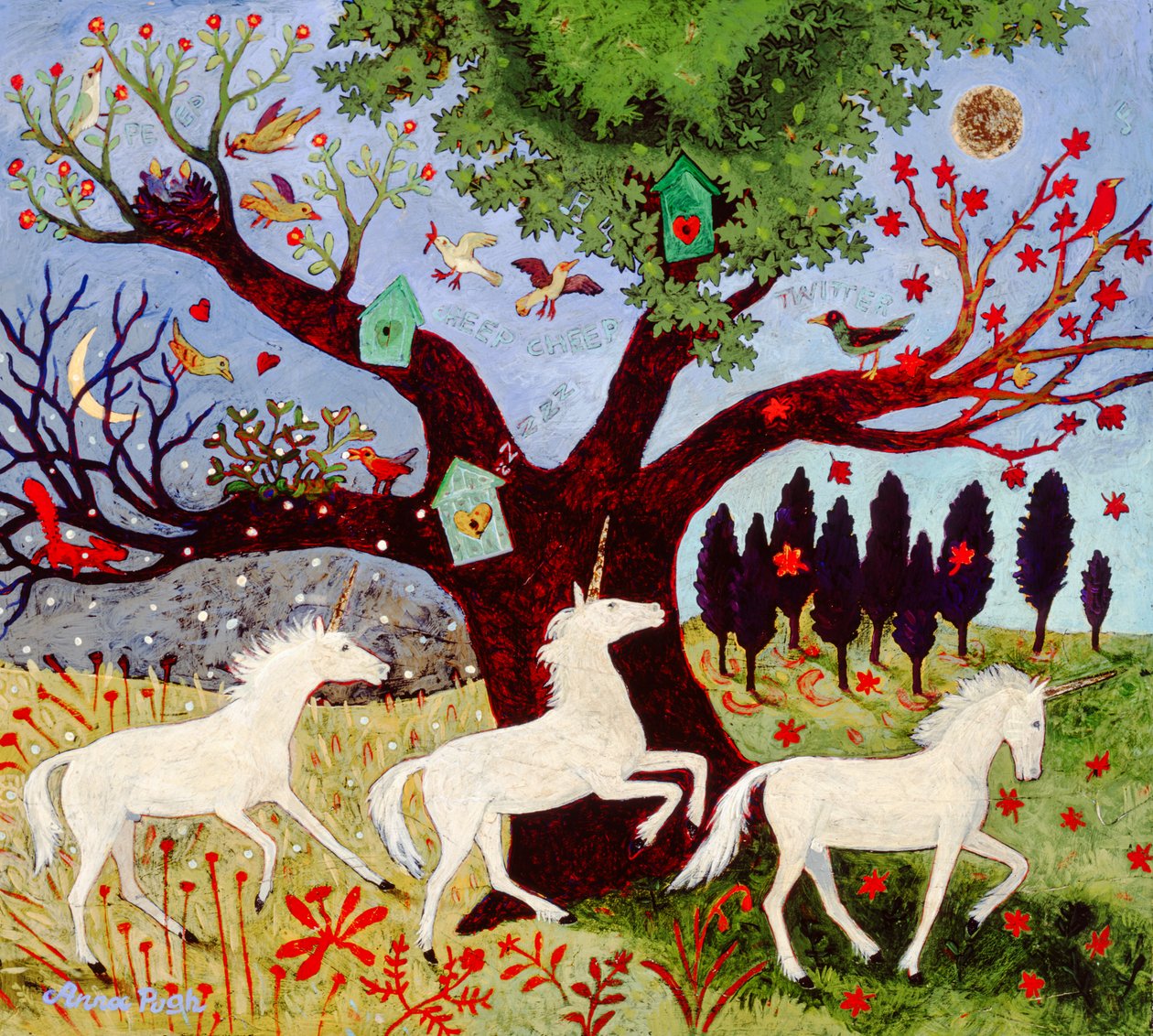 3 Einhörner am Baum von Anna Pugh: Kunstdruck kaufen