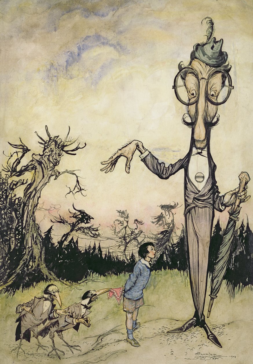 Ein Riese mit einem Kind und zwei Krähen, Illustration aus Das Buch von ...