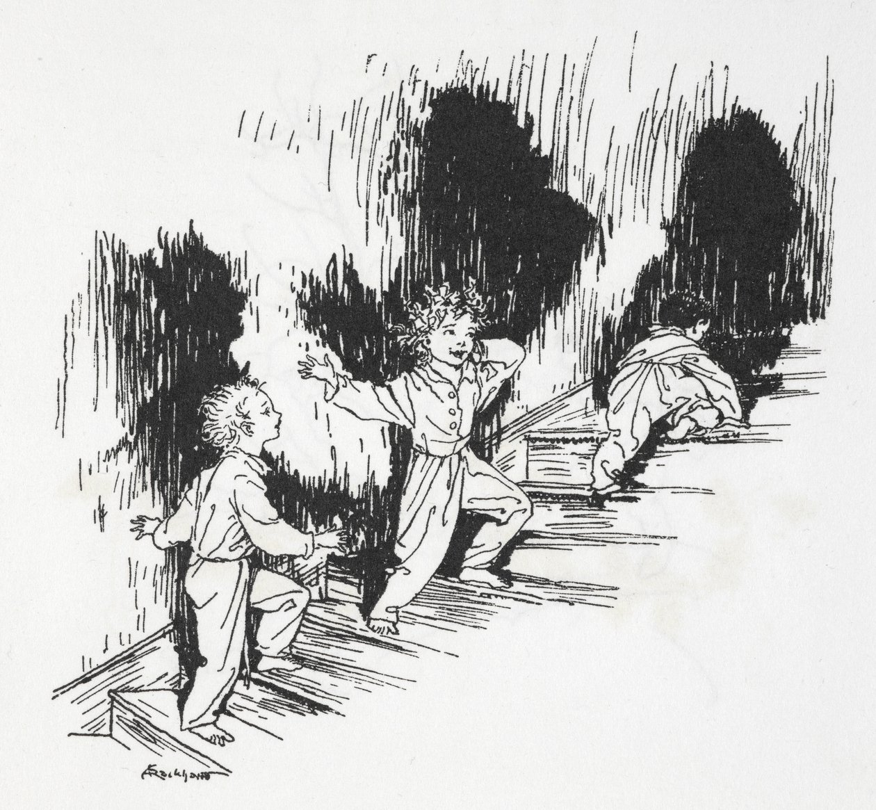 Kinder schleichen nachts die Treppe hinauf