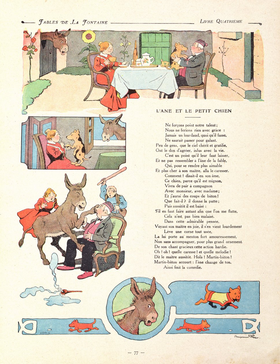 Der Esel und der kleine Hund, aus den 'Fabeln' von Jean de la Fontaine ...