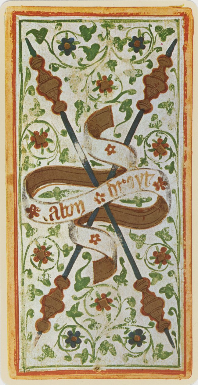 Die Zwei der Stäbe, Faksimile einer Tarotkarte aus dem 'Visconti'-Deck ...