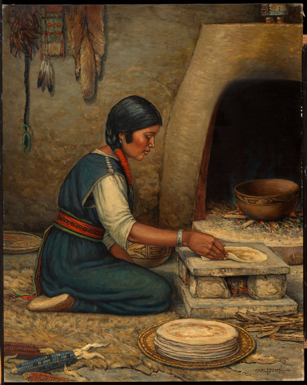 Hopi-Frau beim Piki-Machen von Carl Moon: Kunstdruck