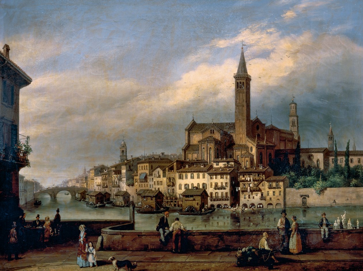 Blick entlang des Flusses Adige in Verona, mit der Kirche St. Anastasia ...