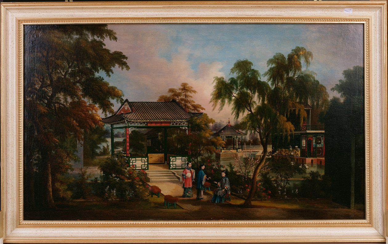Blick auf Howquas Garten in Kanton mit Damen bei einem Pavillon, ca. 1850