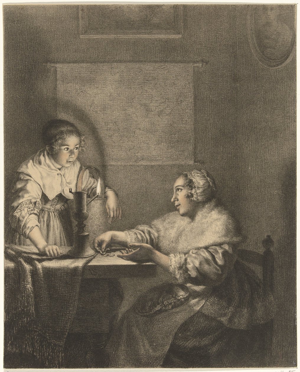 Interieur mit Dame und Zofe bei Kerzenlicht