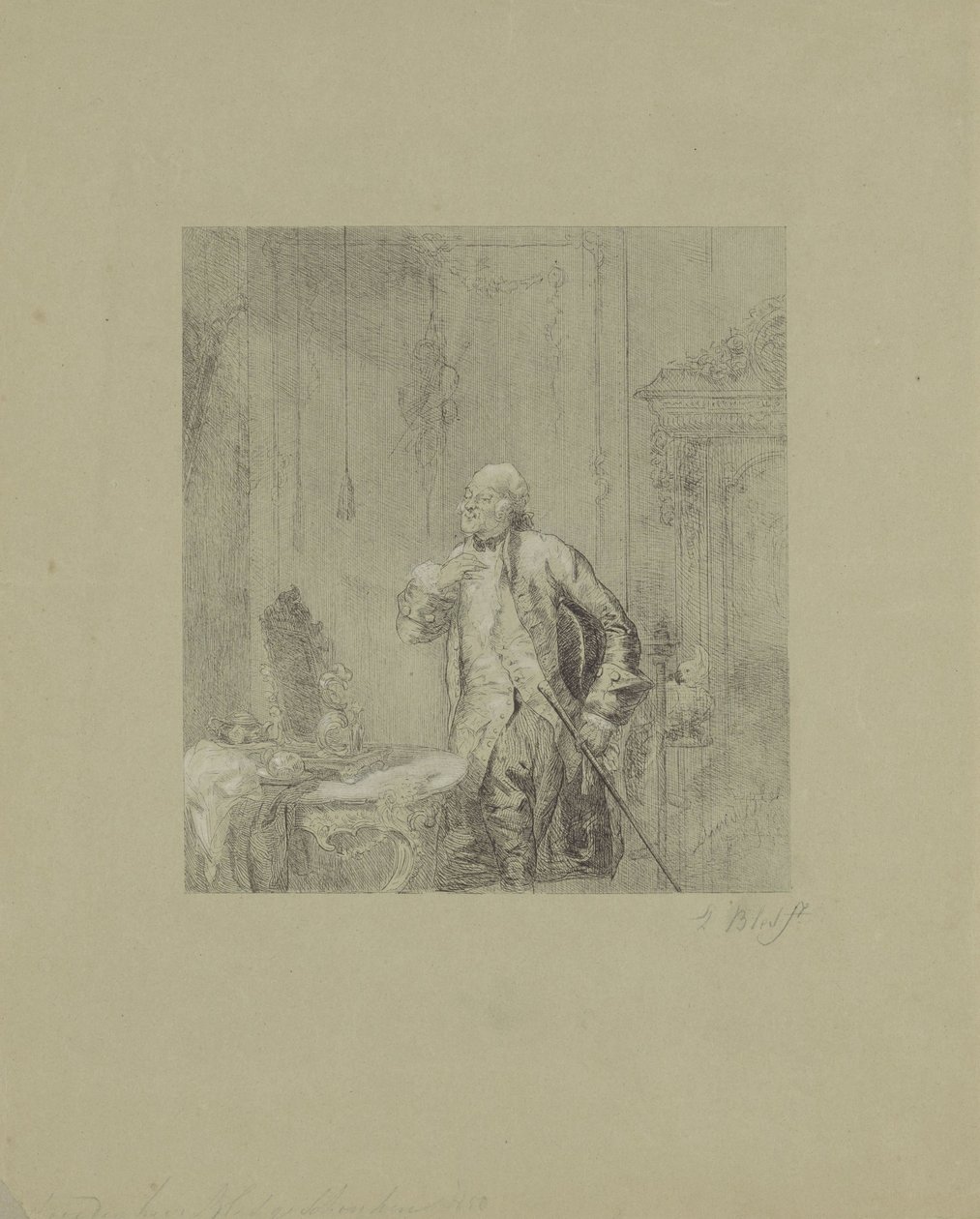 Mann vor einem Spiegel in einem Interieur des 18. Jahrhunderts