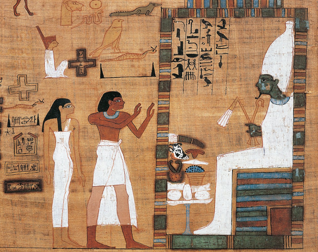 Papyrus, der Ehemann und Ehefrau vor dem Gericht des Osiris darstellt