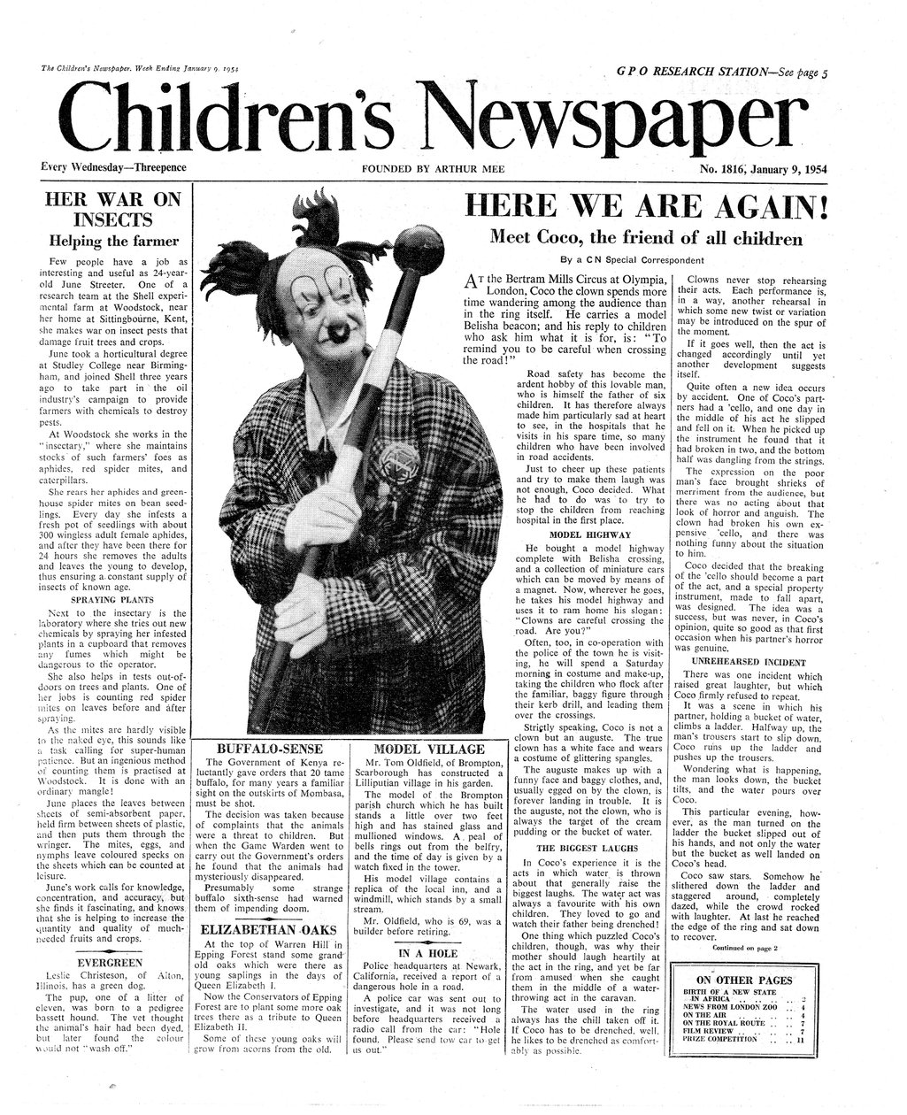 Coco der Clown, Titelseite der 'Kinderzeitung', Januar 1954