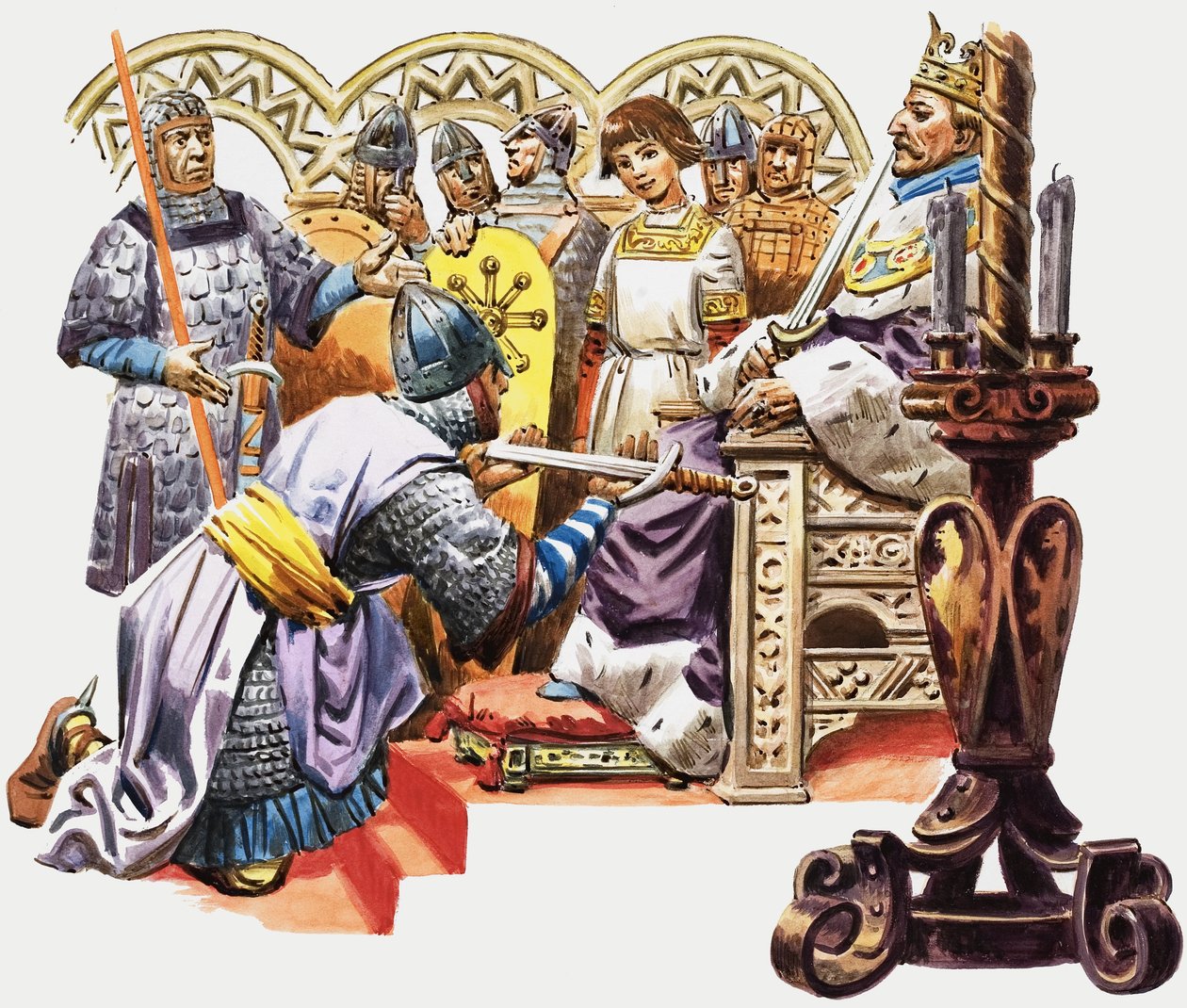 Ritter kniet vor dem König von English School: Kunstdruck