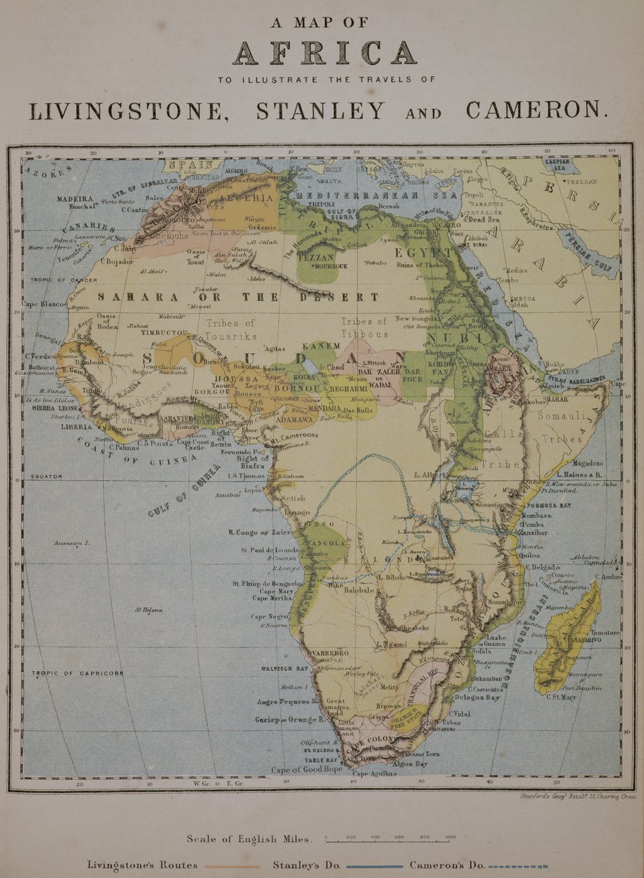 Eine Karte von Afrika zur Veranschaulichung der Reisen von David Livingstone (1813-73), Henry ...