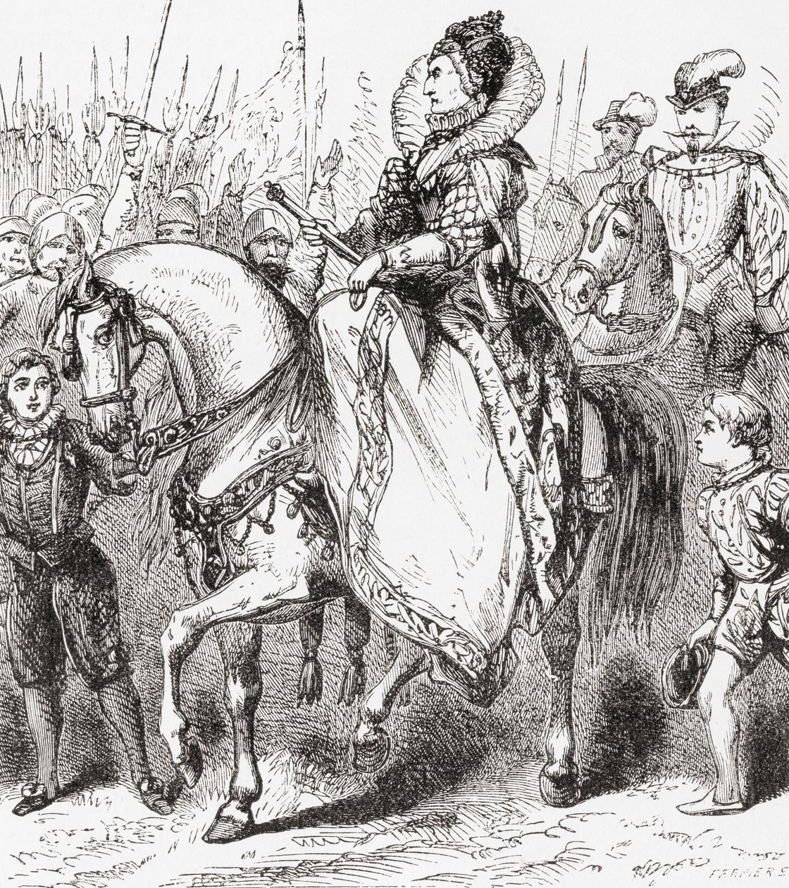 Elisabeth I inspiziert ihre Truppen im Hafen von Tilbury, 1588, aus ...