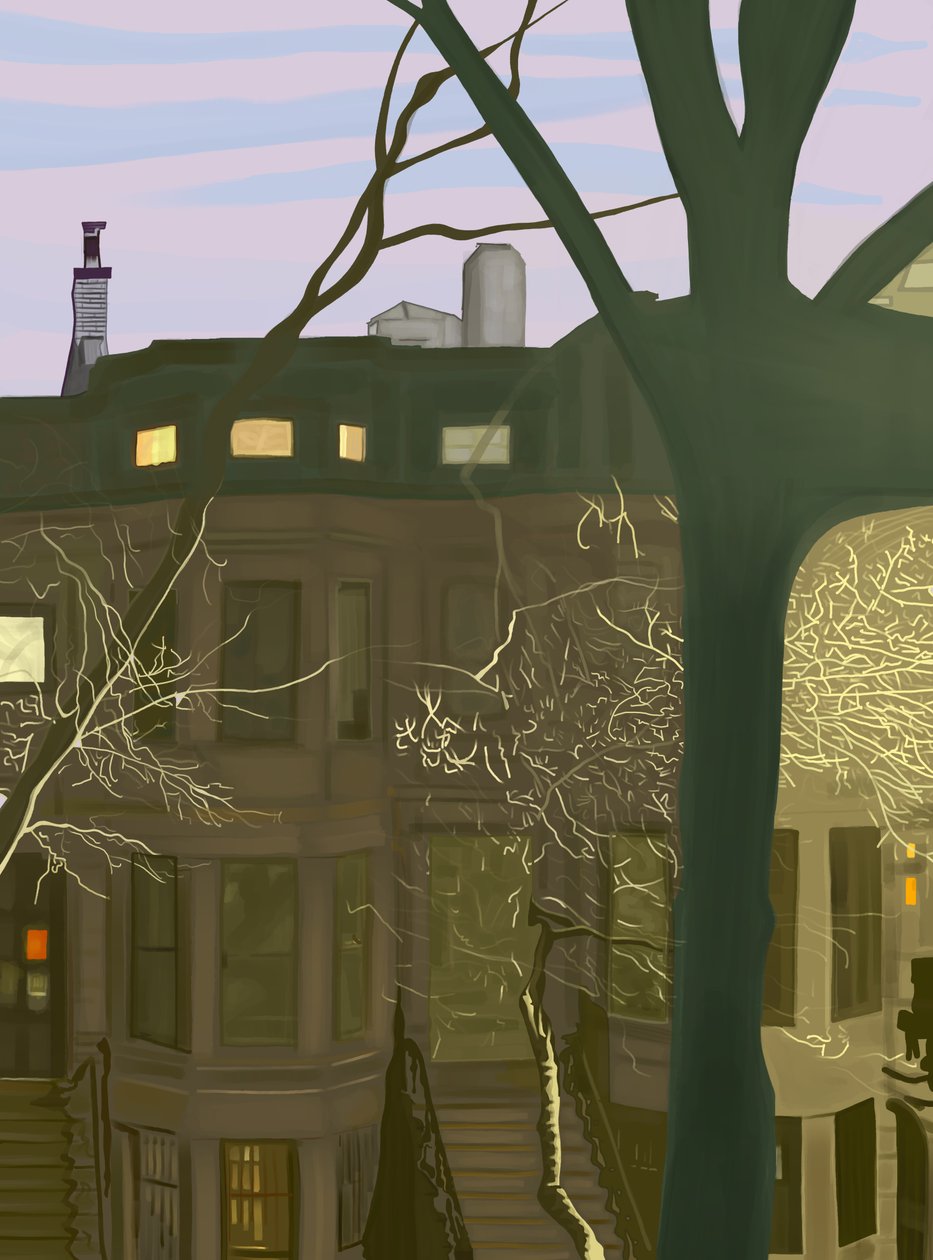 Brownstone bei Nacht von Evan Sklar: Kunstdruck kaufen