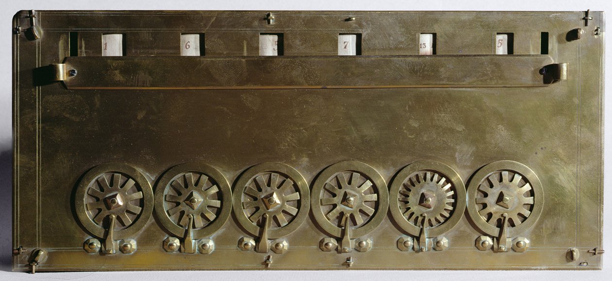 Rechenmaschine, erfunden von Blaise Pascal (1623-63) im Jahr 1642 (Holz ...