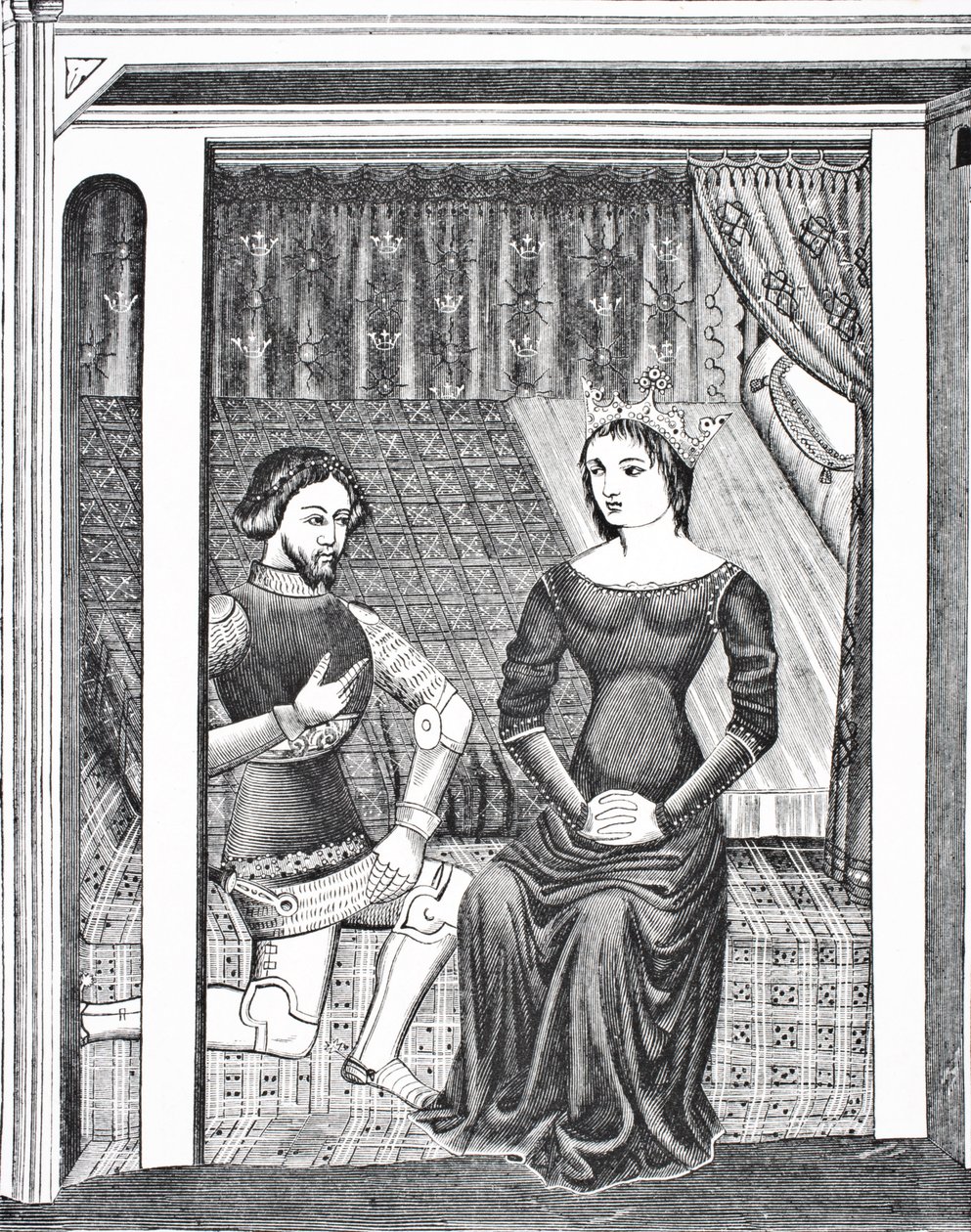 Lancelot und Guinevere, nach einer Miniatur aus einem Manuskript des 14 ...