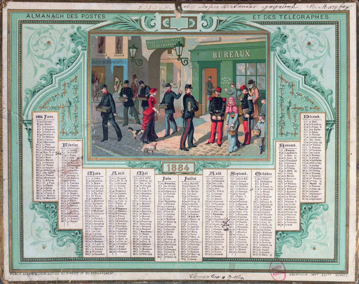 Postkalender von 1884 von French School: Kunstdruck kaufen