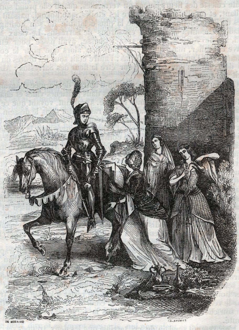 Ruggiero und drei Nymphen vom Hofe Alcinas - Gravur von 1851 aus dem ...