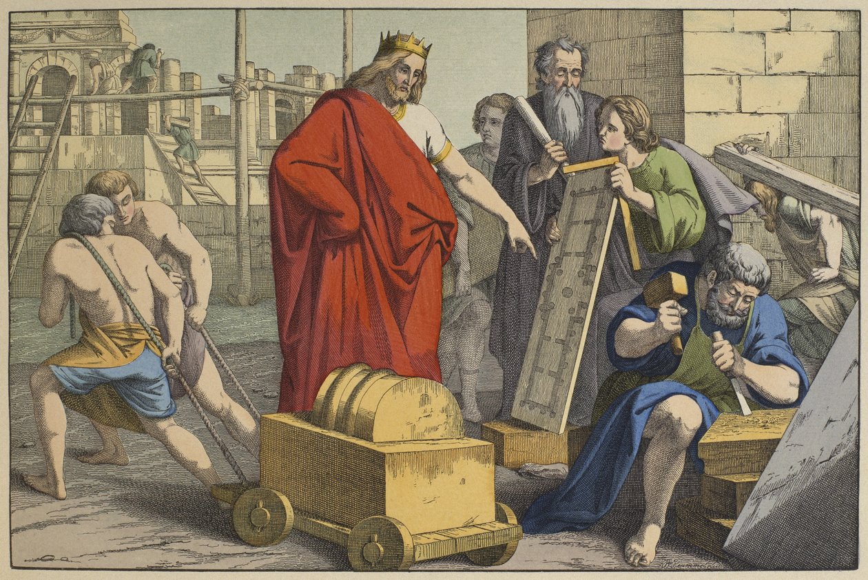 Bau des Tempels von Jerusalem, Illustration aus dem Alten Testament ...