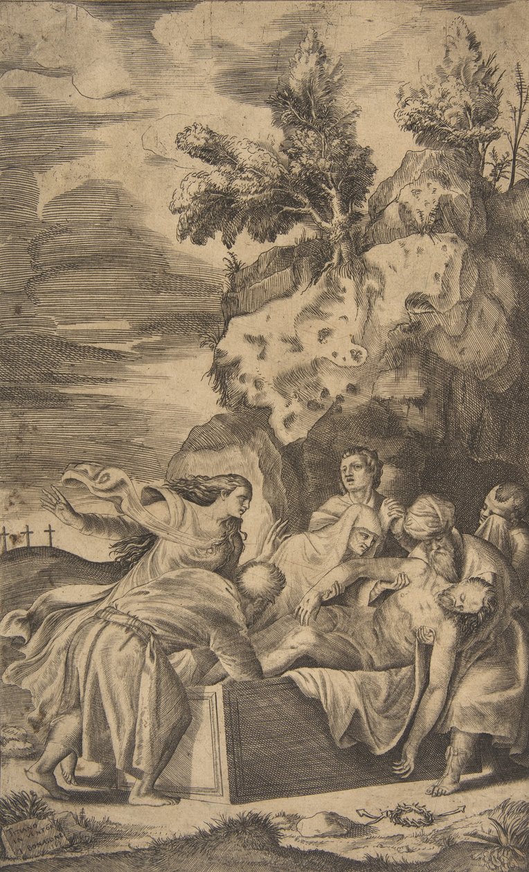 Die Grablegung Christi, die Kreuze auf Golgatha im linken Hintergrund sichtbar