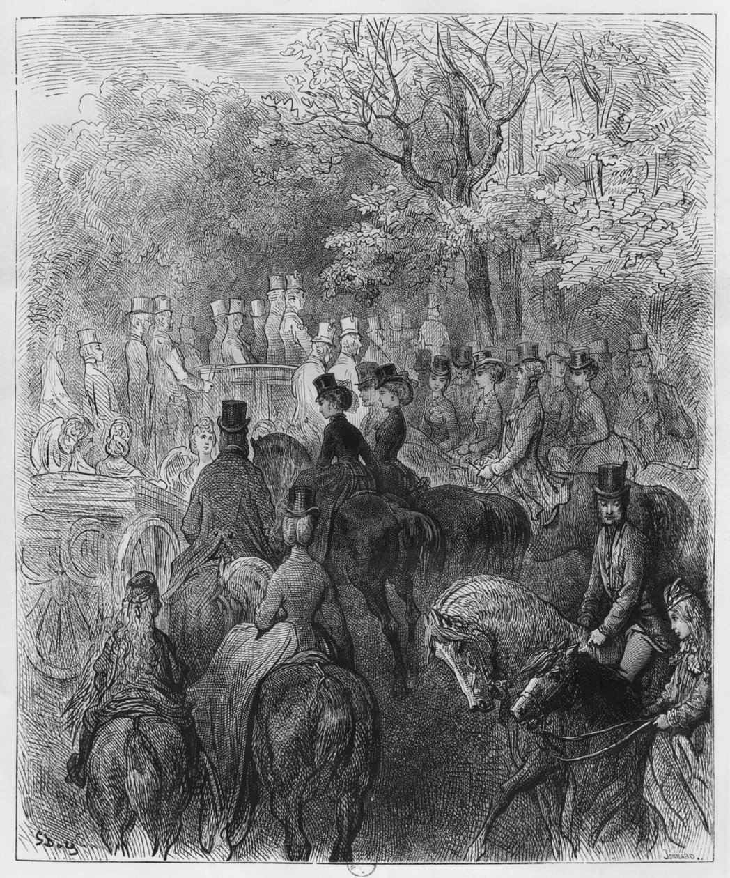 Kutschen und Reiter im Hyde Park, Illustration aus 'Londres' von Louis ...