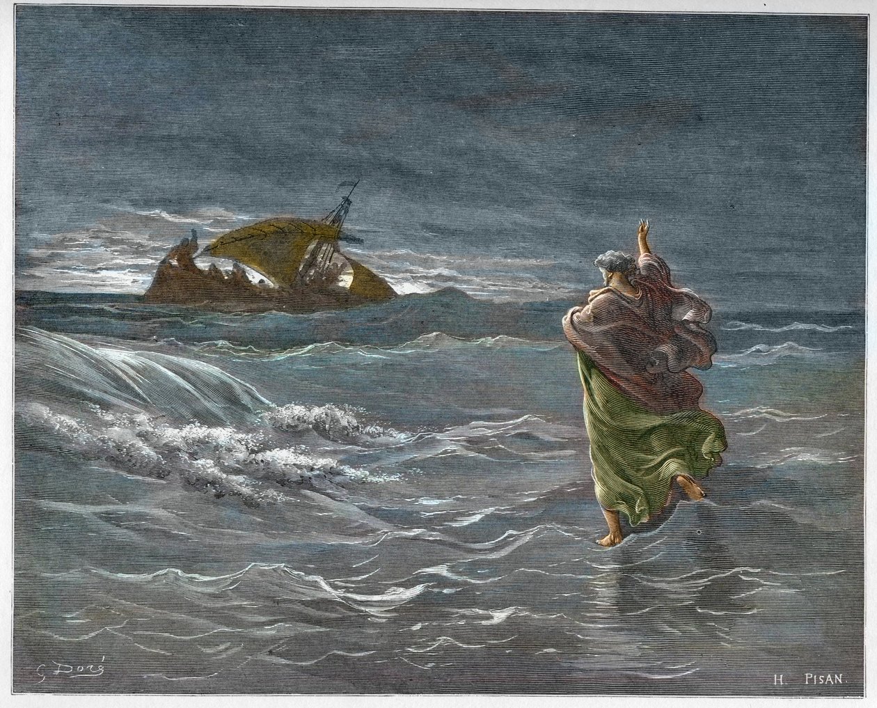 Jesus geht auf dem Wasser des Sees Tiberias - Gravur in Die ...