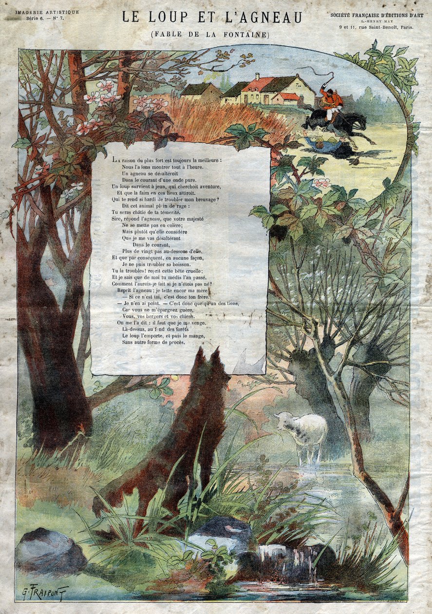 Der Wolf und das Lamm. Fabeln von Jean de La Fontaine. Illustration von ...