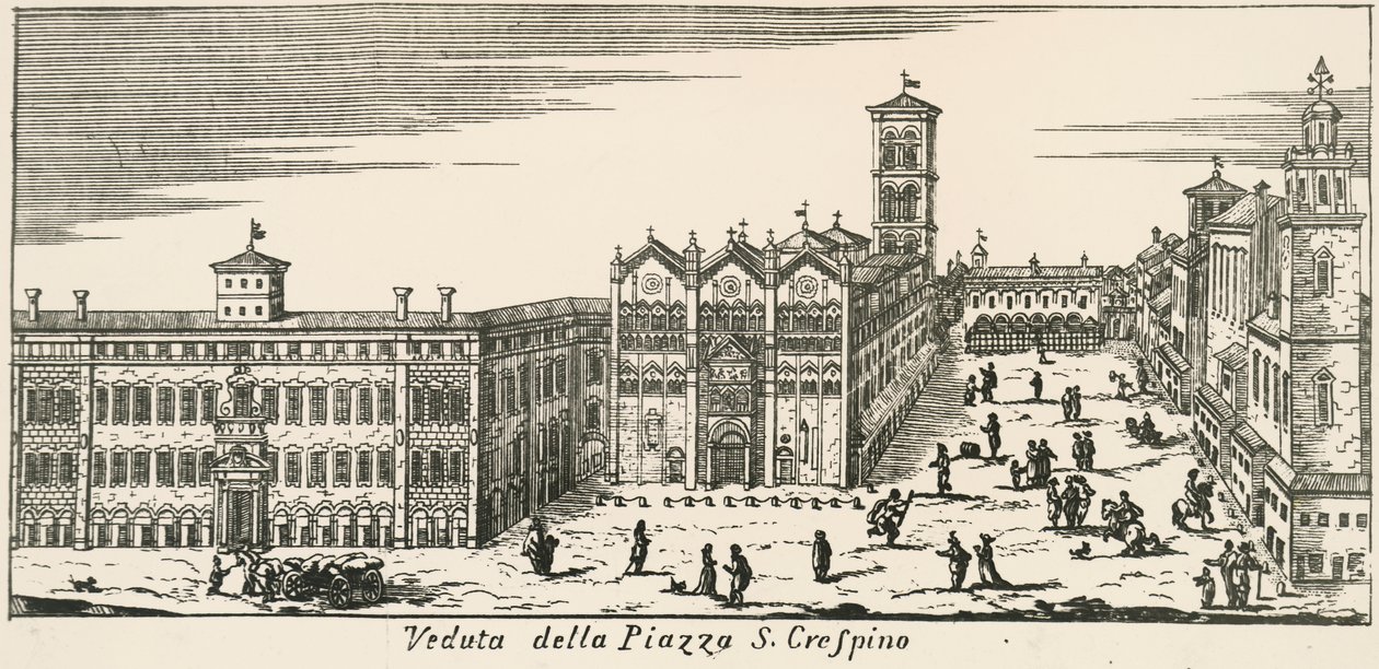 Ansicht der Piazza San Crispino und der Kathedrale von Ferrara, Gravur ...