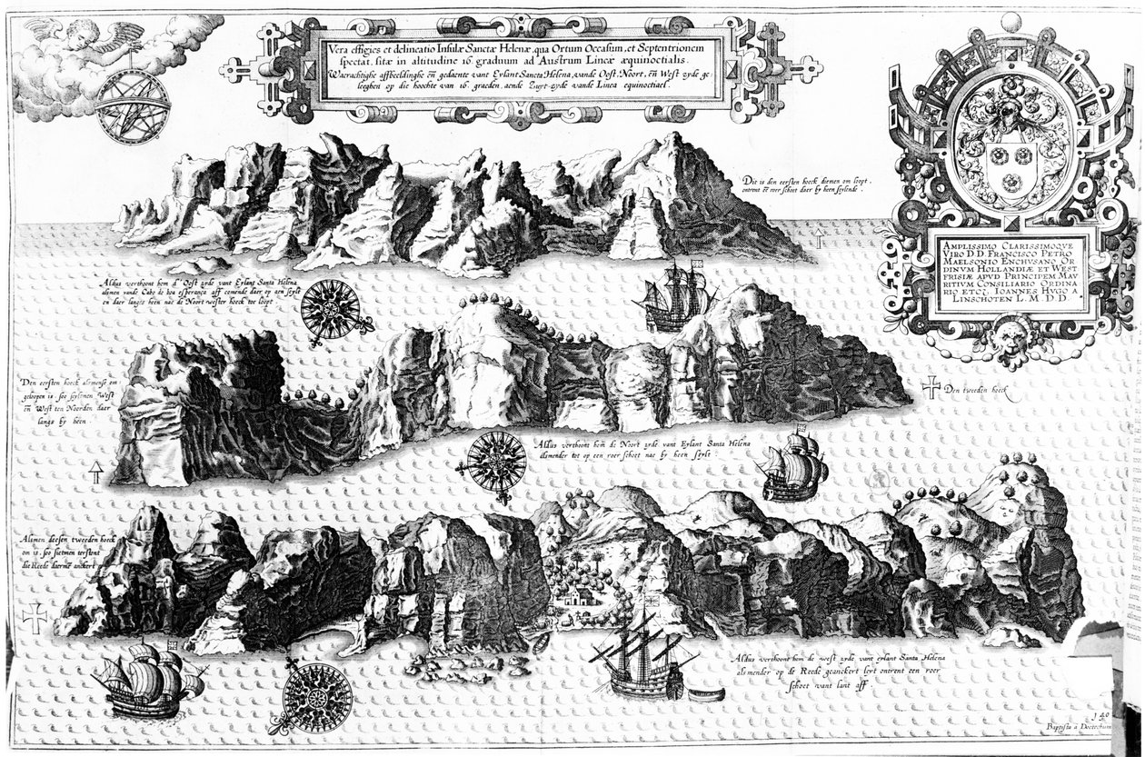 Die Insel St. Helena, Illustration aus Linschotens Itinerario, 1596