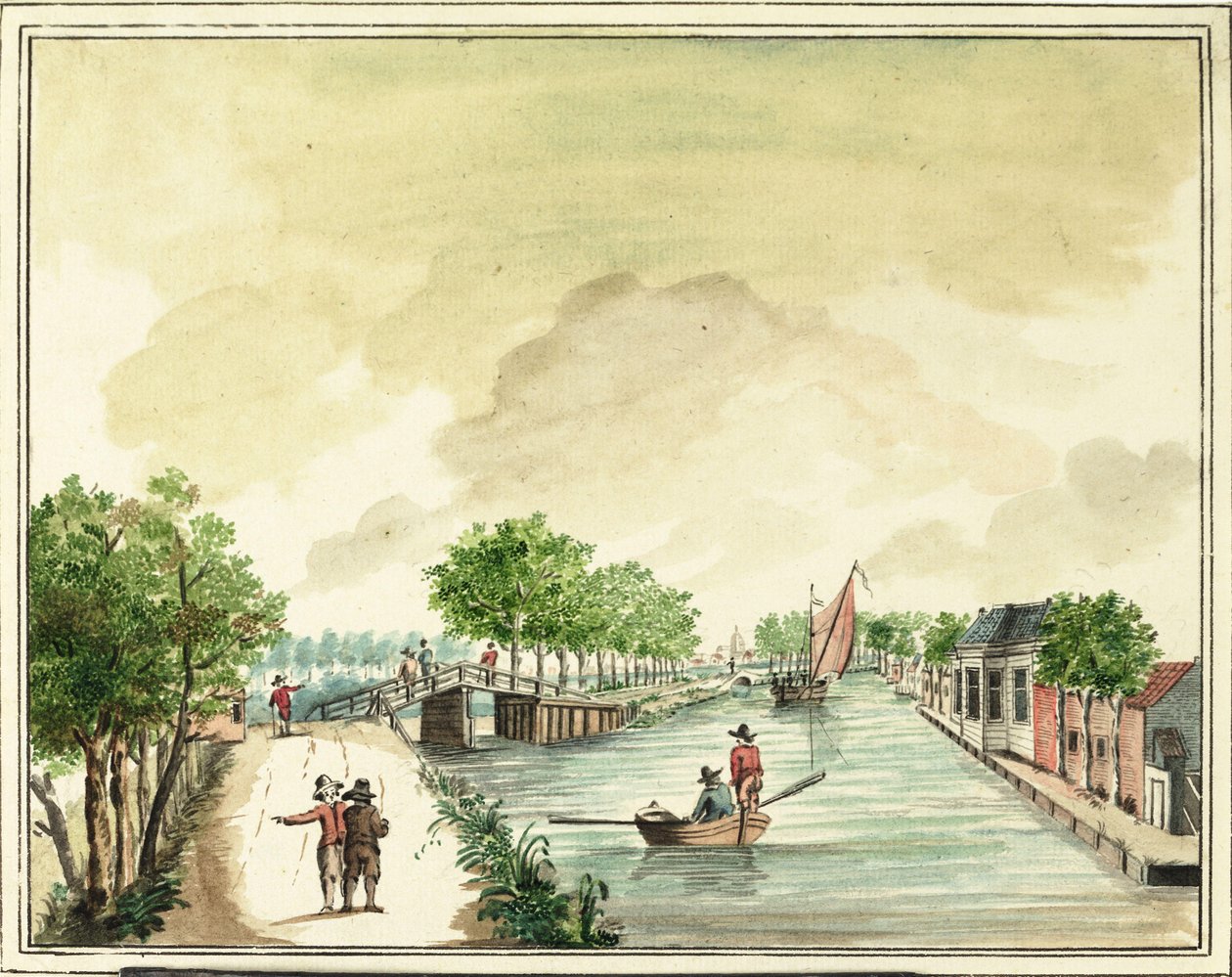 De Wouterenbrug über die Trekvliet in Leiden, gezeichnet von Jacob ...