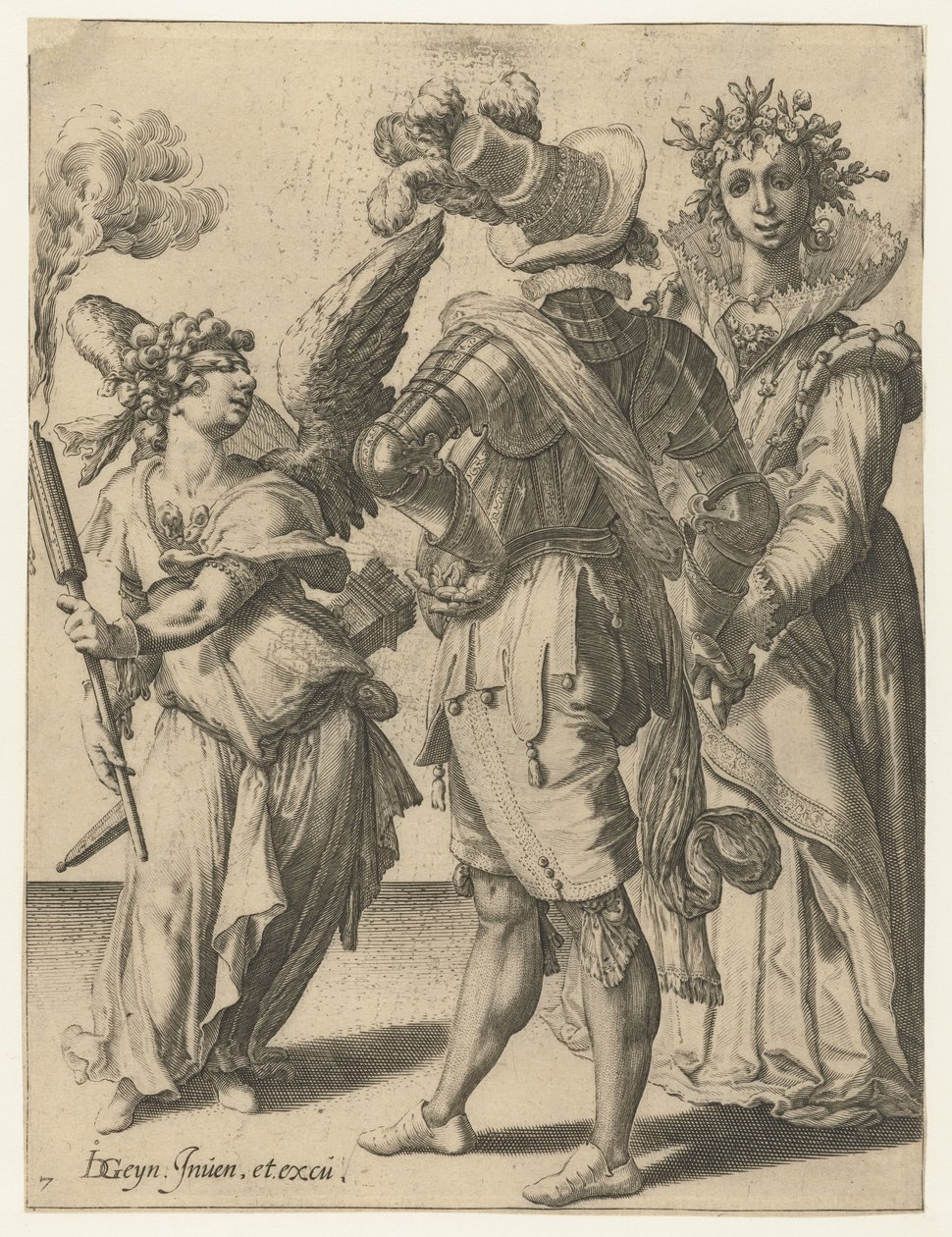 Ein blindfolded Cupido mit einer Fackel vor einem Paar in festlicher ...