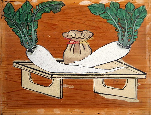 Ema, die Mooli und eine Lunchbox darstellt