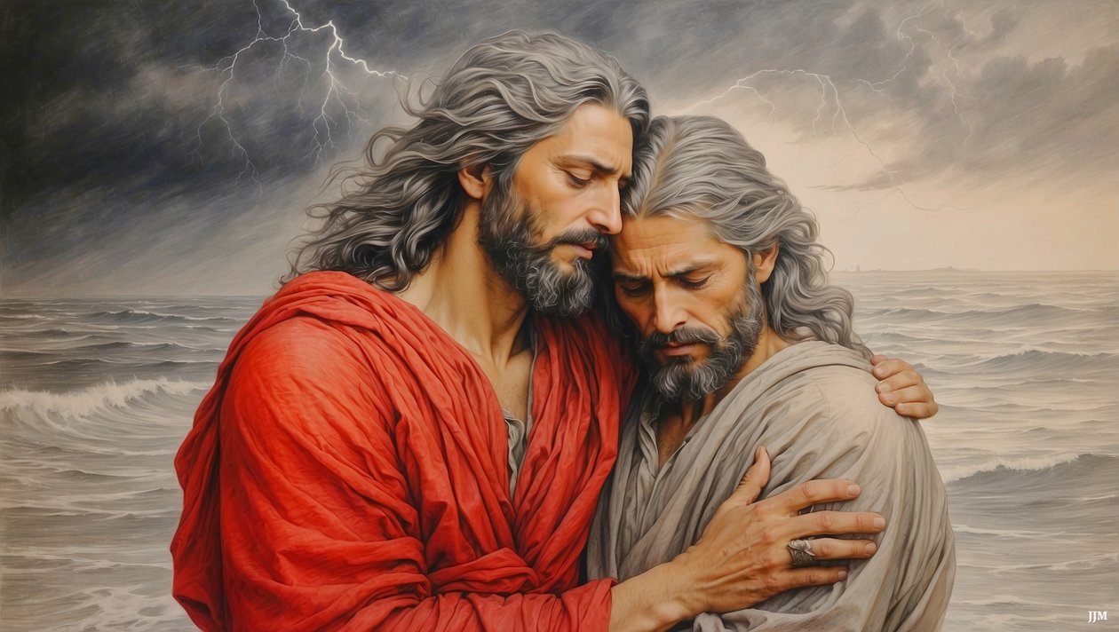 Jesus von Nazareth rettet Simon Petrus vor dem Ertrinken