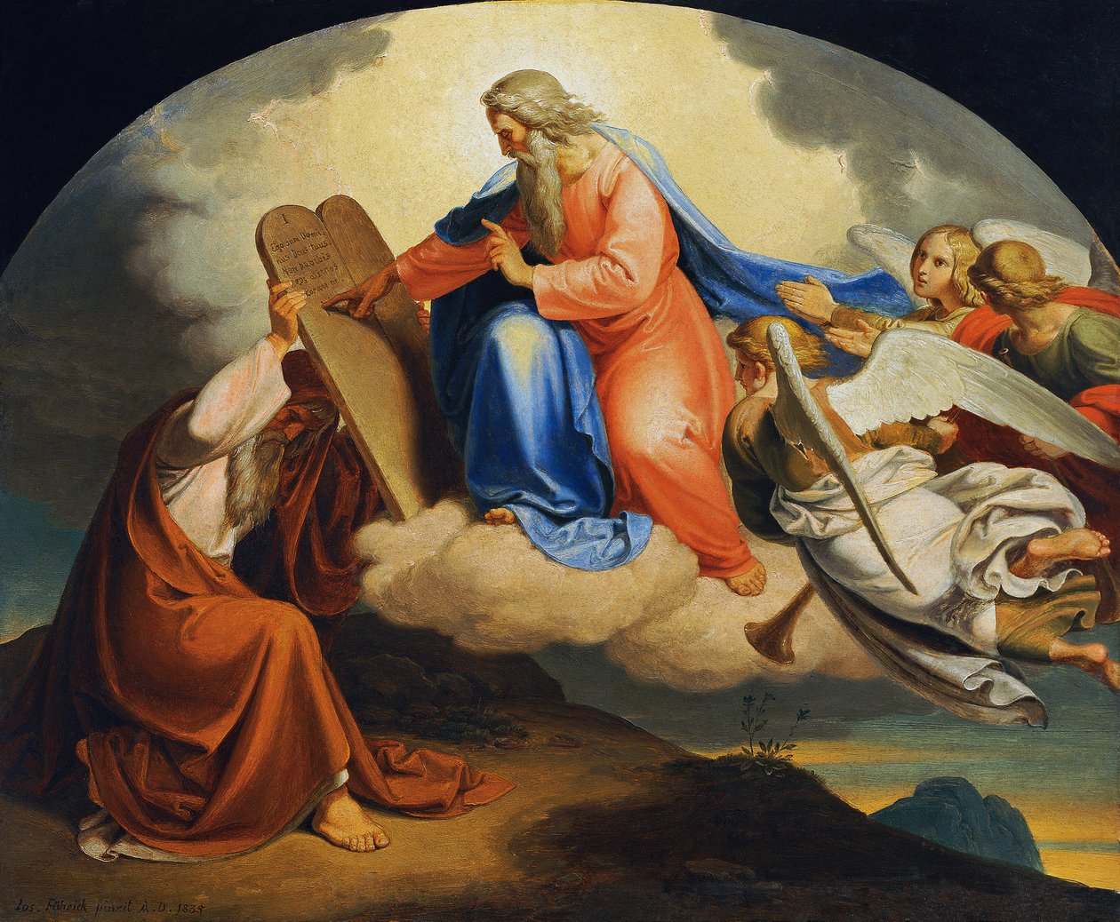 Gott schreibt Moses auf dem Berg Sinai die zehn Gebote auf zwei ...