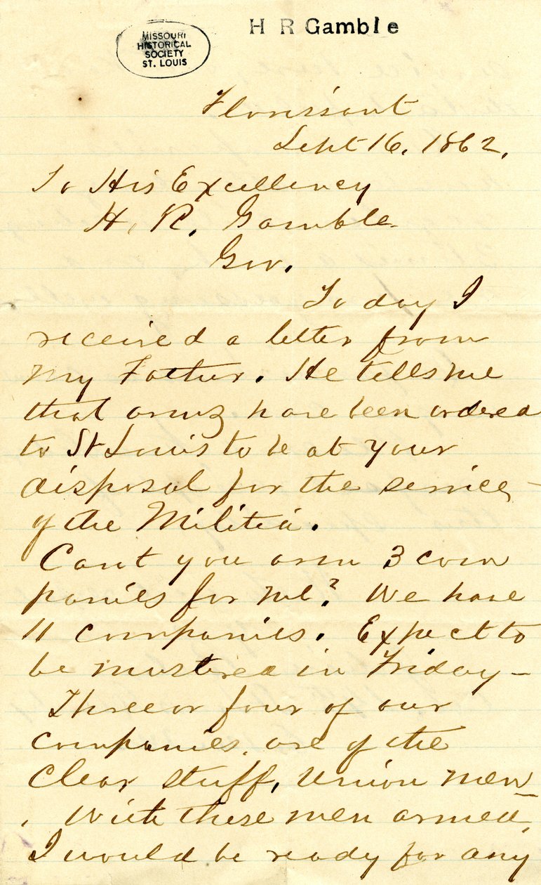 Brief unterzeichnet von Julian Bates, Florissant, an Seine Exzellenz H ...