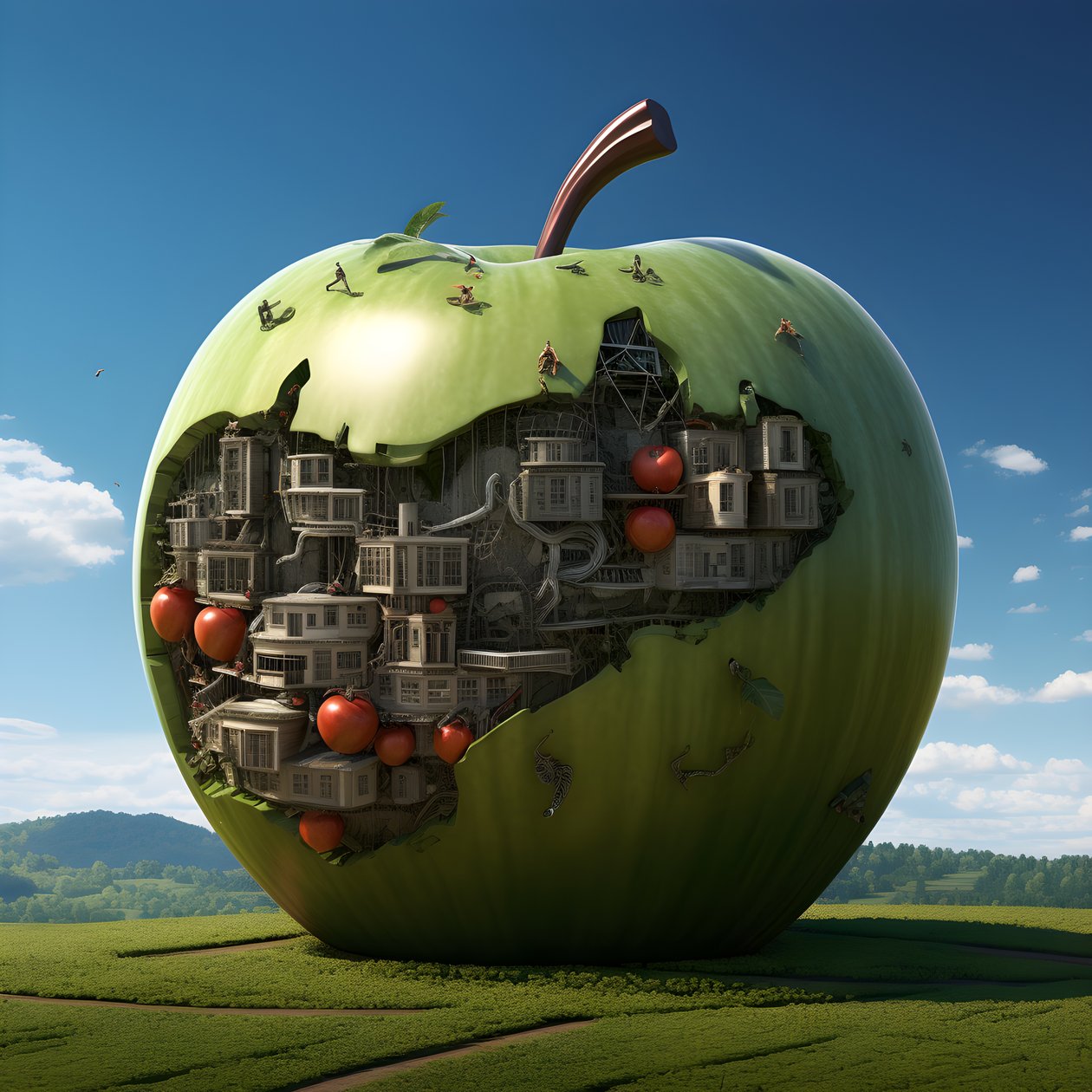 Riesiger Apfel auf einem Feld mit Fenstern von Kurt Heppke