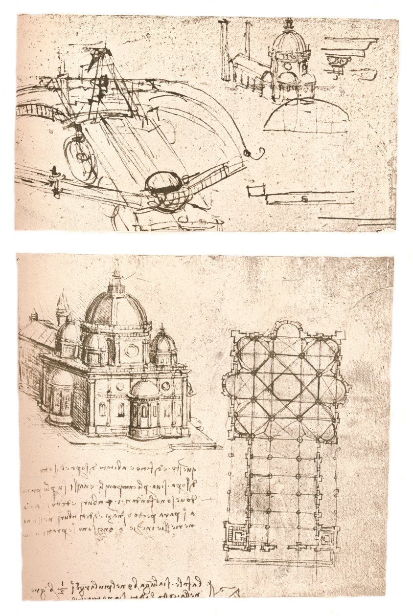 Zwei Zeichnungen von Kirchen von Leonardo da Vinci