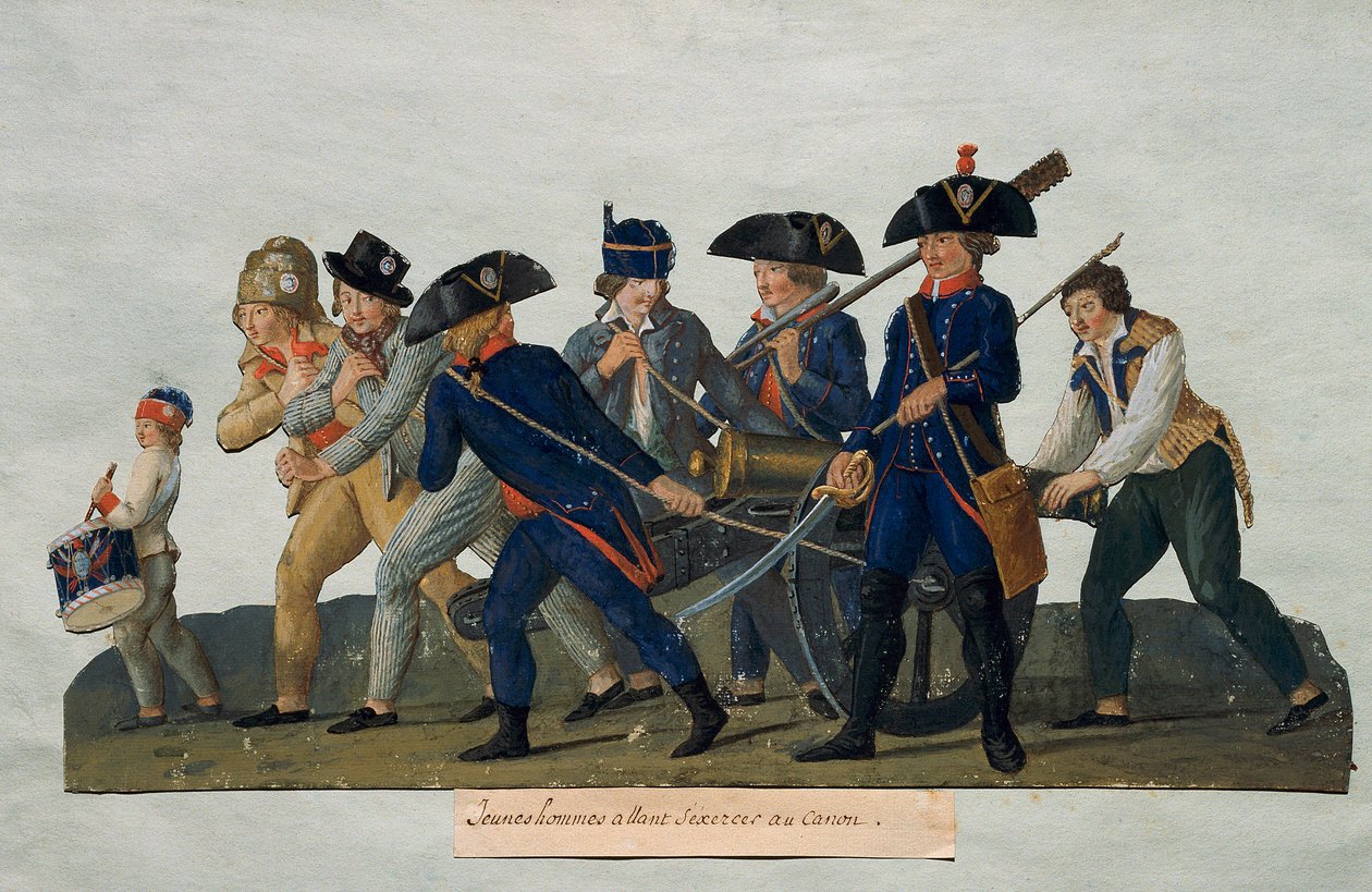 Französische Revolution: Junge Männer üben mit der Kanone. Gravur der ...