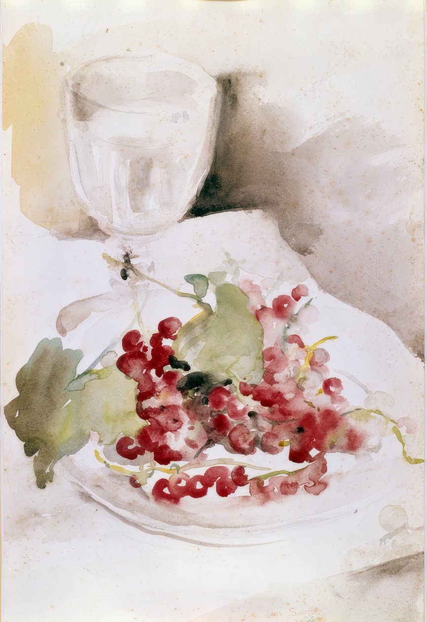 Stillleben mit roten Trauben und Glas von Louis Soutter