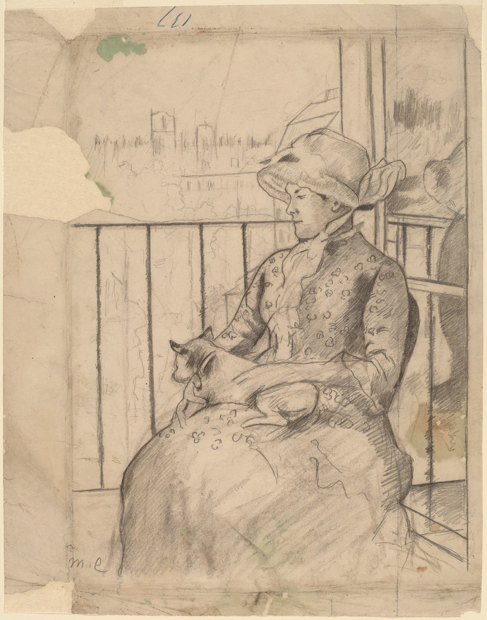 Susan auf einem Balkon mit einem Hund [recto]