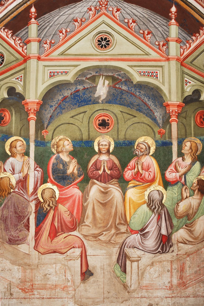 Pfingsten (Detail): betende Heilige und Jungfrau Maria, und die Taube