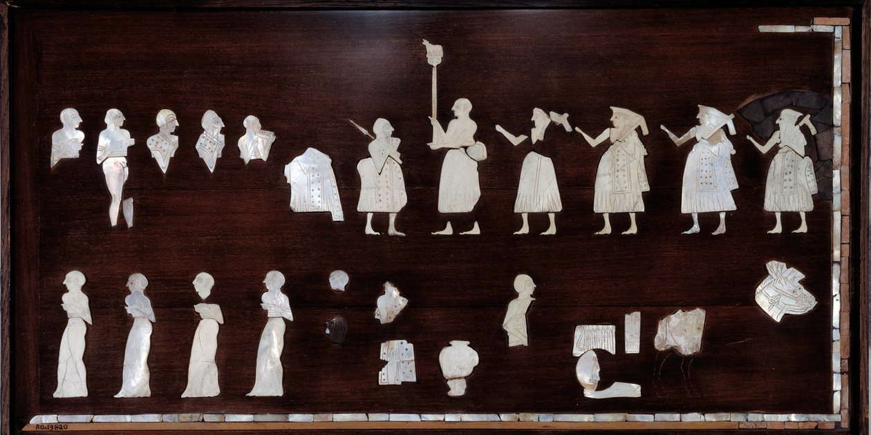 Mesopotamien: Mosaikelemente des Banners von Mari in Bitumen, Muschel ...