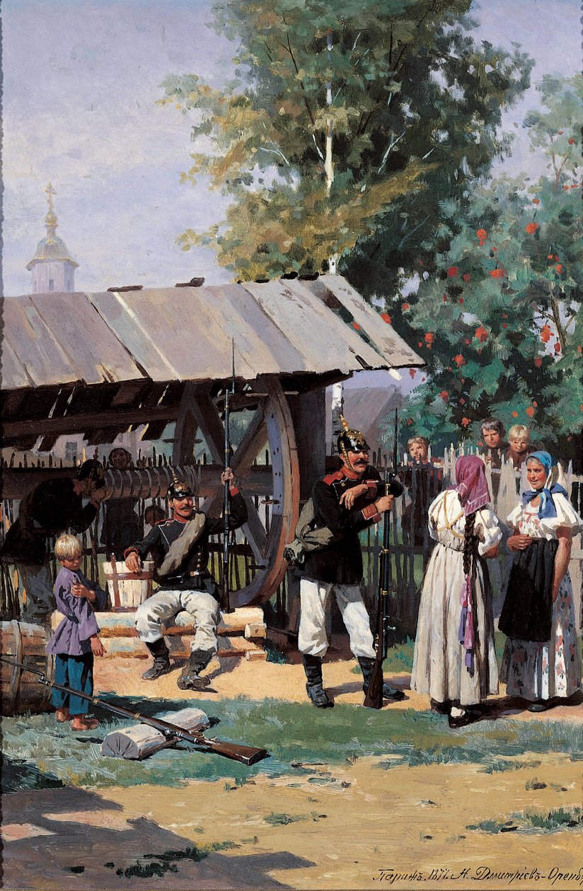Russische Soldaten in einem Dorf, 1877