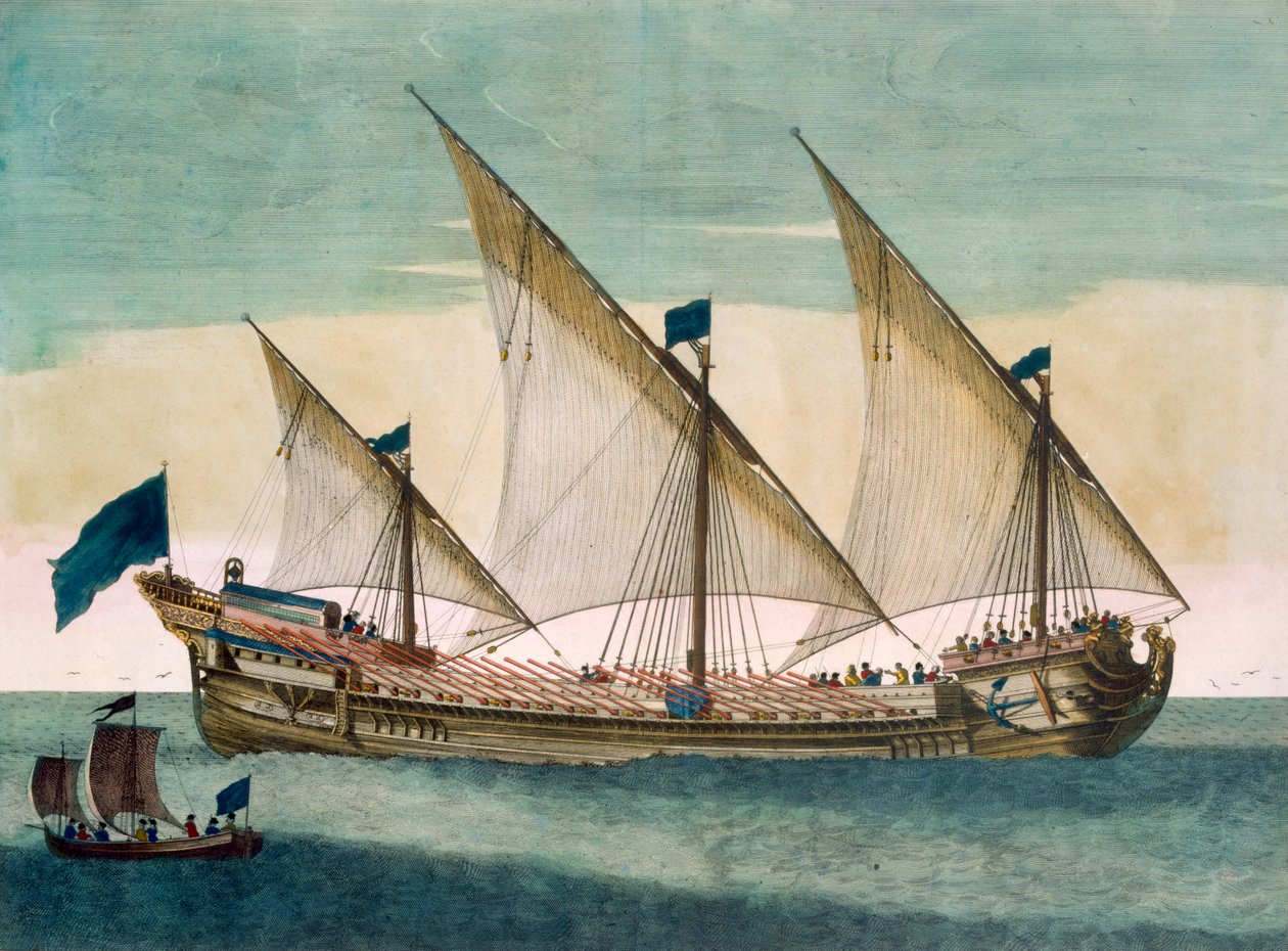 Eine dreimastige Galeasse unter Segeln, Ruder eingezogen, aus 'Le ...