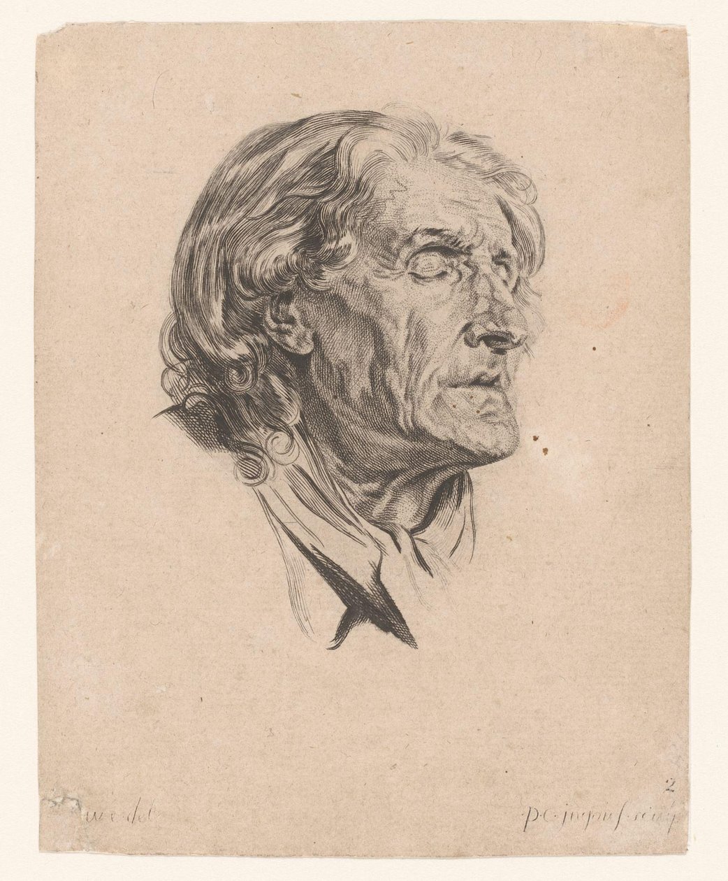 Kopf eines alten Mannes mit geschlossenen Augen, nach rechts gedreht