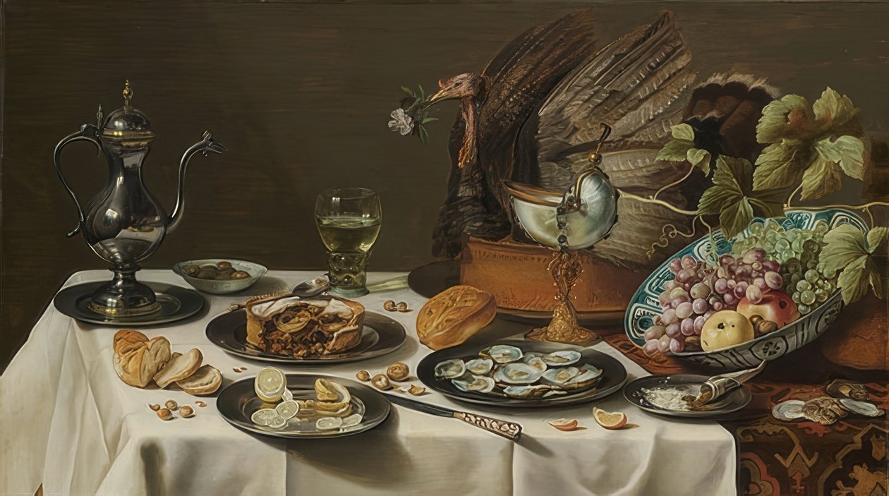 Stillleben mit Truthahnpastete von Pieter Claesz: Kunstdruck